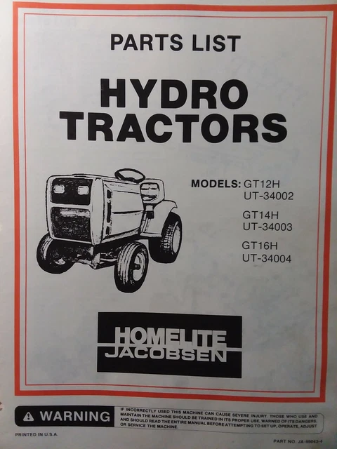 HOMELITE JACOBSEN HYDRO Garden Traktor Teile Handbuch GT12H GT14H GT16H ...