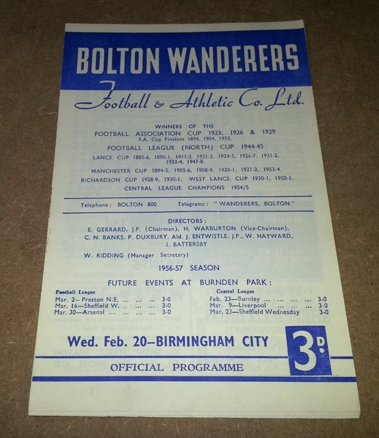 1956/57 BOLTON WANDERERS v BIRMINGHAM CITY OFFICIAL PROGRAMME £3.99 ...