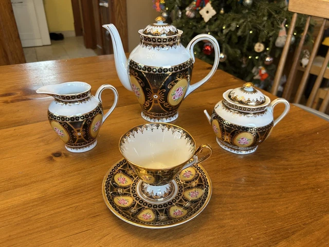 RARE VINTAGE SOVEREIGN Fine China Tea Set- Black, Gold & Rose Design ...