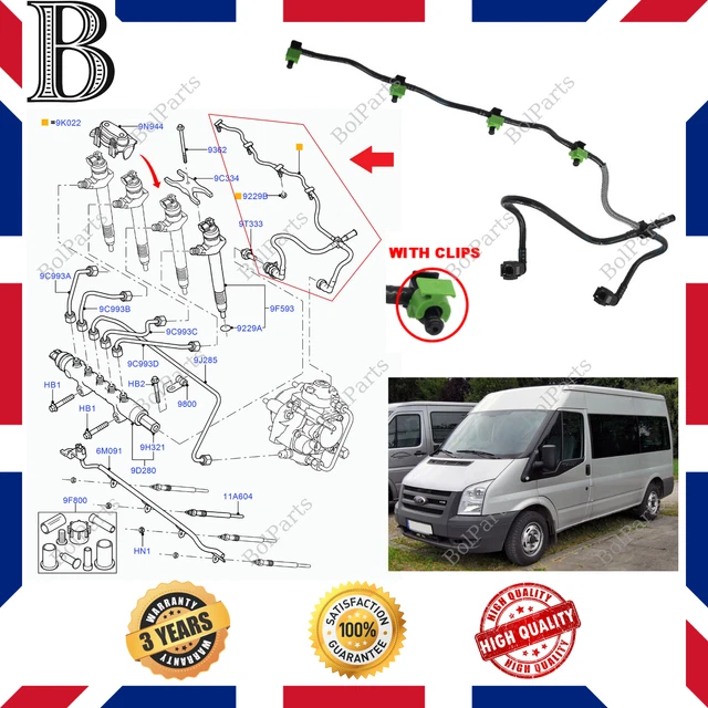 FUEL INJECTOR LEAK Off Overflow Pipe&Clips for Ford Transit TDCi 2.2 ...
