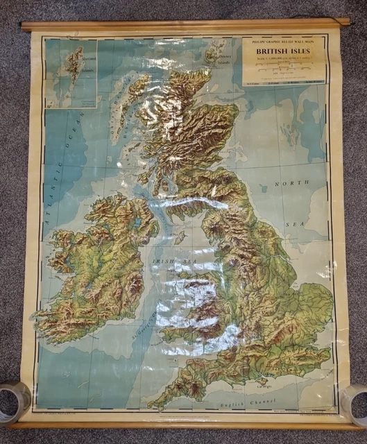 PHILIPS' 1957 BRITISH Isles Relief Wall Map £55.00 - PicClick UK