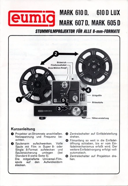 BEDIENUNGSANLEITUNG MANUAL FILMPROJEKTOR Eumig Mark 610 / 607 / 605 D EUR 8,99 - PicClick DE