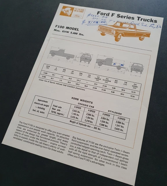 FORD F100 TRUCK SPECIFICATIONS SHEET Ford Motor Company Australia F ...