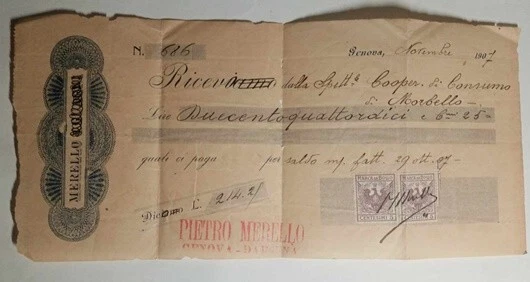 RICEVUTA P.MERELLO REGIME Fascista Con Marche Da Bollo 1907 EUR 3,00 ...