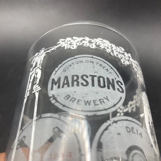VINTAGE MARSTONS HALF pint decorated clear glass beer glass Burton on ...