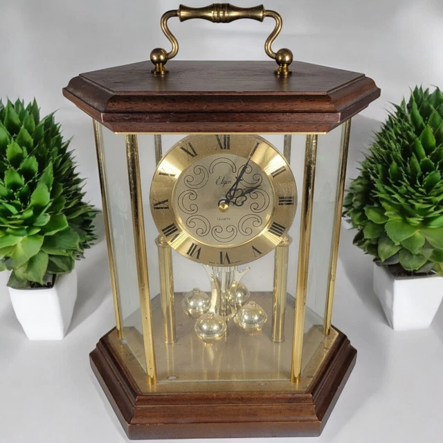 VINTAGE ELGIN QUARTZ Pendulum Mantel Clock Roses Chime Glass Panel ...