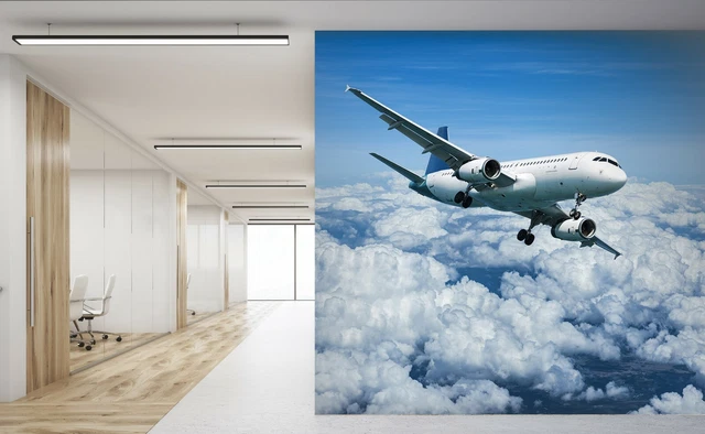 3D WHITE CLOUDS Plane P278 Transport Wallpaper Mural Self-adhesive ...
