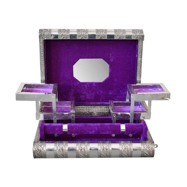 LARGE ANTIQUE SILVER Jewellery Box Single Rod with Violet Purple Velvet ...
