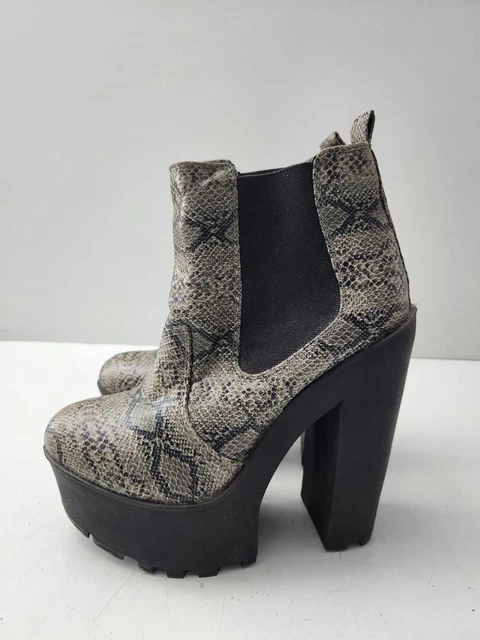 LADIES GREY FAUX Leather Snake Print Chunky Platform Boot Shoes UK 4 EU ...