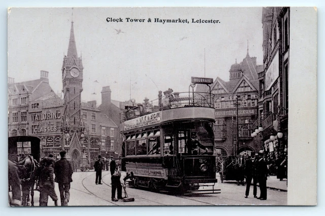 POSTCARD LEICESTER CLOCK Tower & Haymarket, tram #30 to Belgrave, road ...