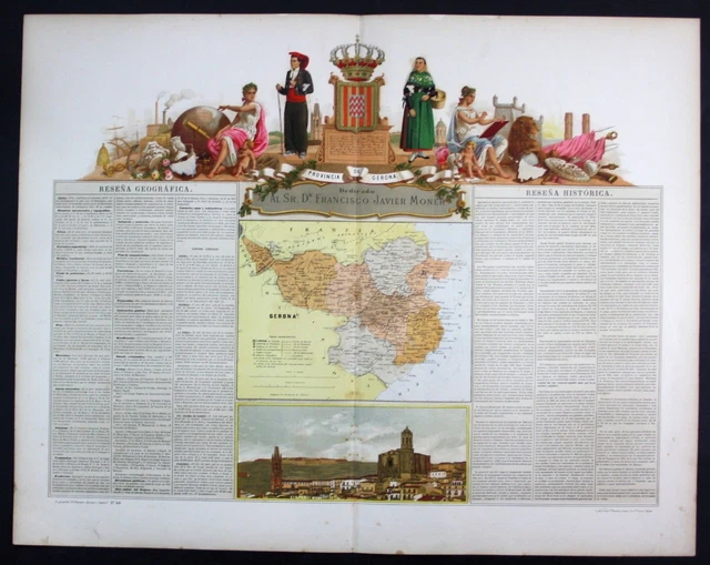 1870 GERONA ESPANA Spain Spanien map Karte carta Lithographie Litho ...