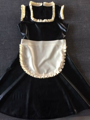 Latex Rubber Maid Outfit Cosplay Uniform Sexy Lace Dress Black 0.4mm S