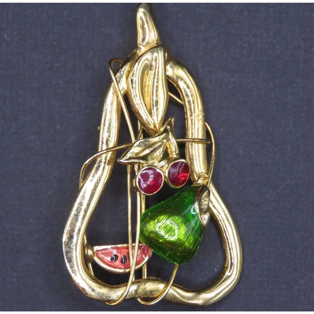 VINTAGE PEAR BROOCH Cut out with Enamel Fruit Pin Gold Tone Rhinestone ...