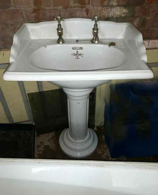 WHITE ENAMELLED SANITAN Wash Basin and Fluted Pedestal including x2 ...