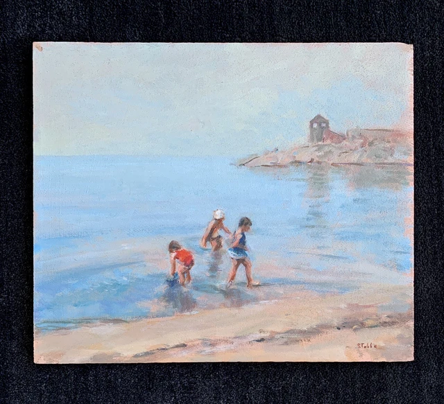 MARIE STOBBE OIL painting of children playing on a beach New York ...
