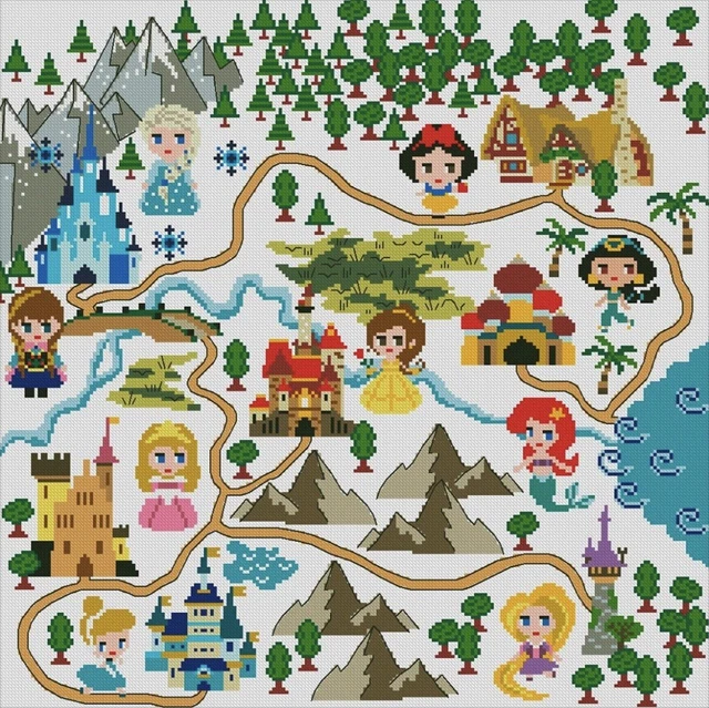 DISNEY PRINCESS MAP Of The Kingdom Cross Stitch Pattern Free Postage £5 ...