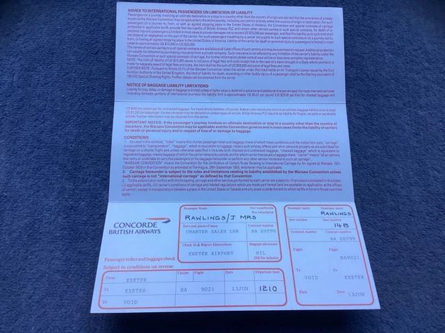 BRITISH AIRWAYS CONCORDE Original Charter Flight Ticket Exeter 13/6/99 ...
