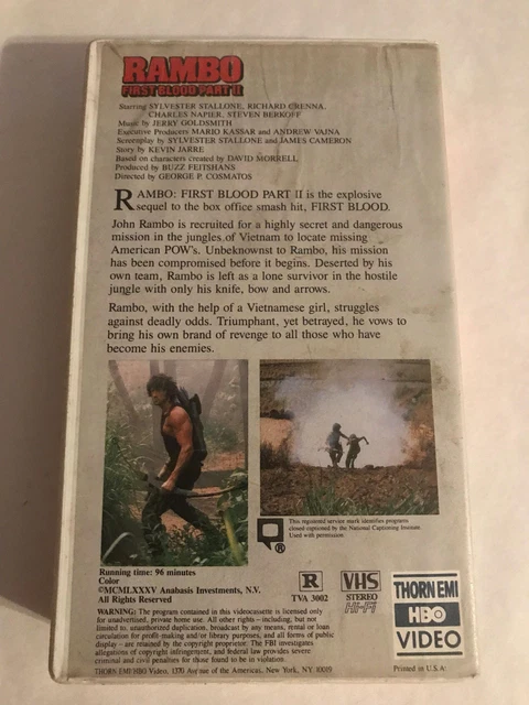 RAMBO FIRST BLOOD Part Ii Sylvester Stallone Vhs Hard Case $26.86 ...
