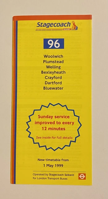 STAGECOACH SELKENT BUS timetable for blue water route 96 dated may 1999 ...