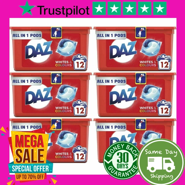 4 X DAZ All In One Washing Capsules Whites & Colours 12 Pods, Liquid ...