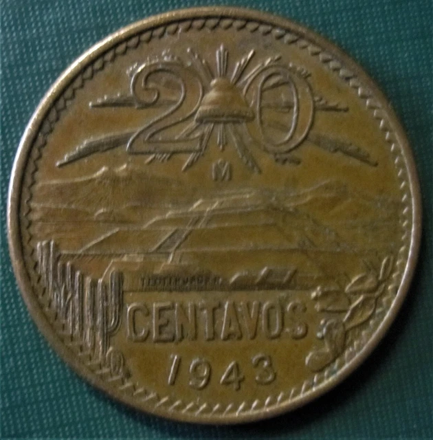 MEXICO 1943 TWENTY Centavo 20 Cent Aztec Pyramid WWII Era Coin LOW SHIP ...