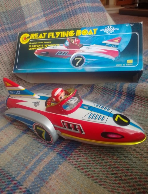 VINTAGE TIN FRICTION Toy, Great Flying Boat Original Box Working Number ...