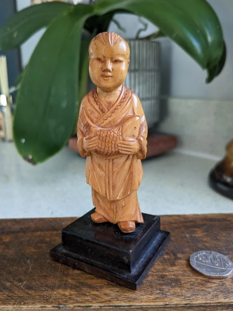 SMALL CHINESE CULTURAL Revolution Era Carved Boxwood Boy Holding Fish ...