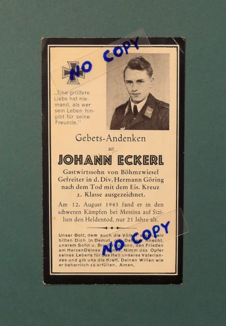 WW2 GERMAN DEATH Card Sterbebild Division 'Hermann Göring' EK2, Messina ...