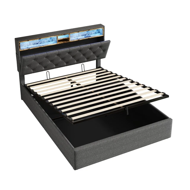 OTTOMAN BED FRAME 5ft King Size with Storage, Headboard & LED Lights ...