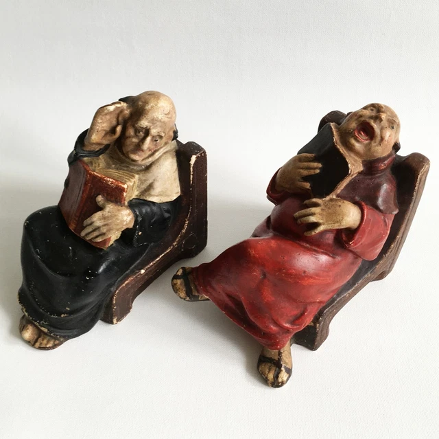 ANTIQUE BOOKENDS READING Monks Friars Hand-Painted Plaster Late 19th ...