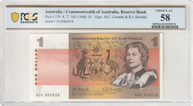 AUSTRALIAN 1968 $1 Coombs Randall Signature Banknote CHOICE UNC 58 R72 ...