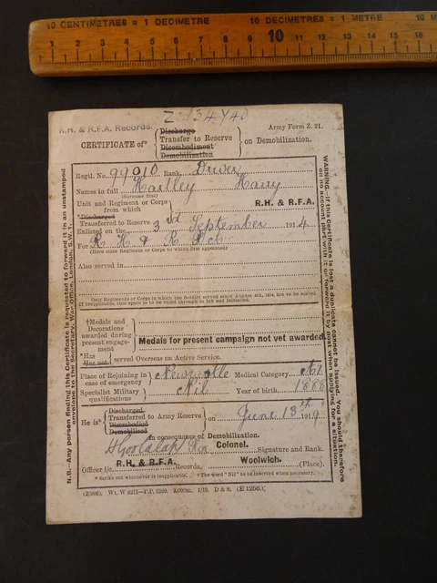 1919 ARMY FORM Z121 Certificate Transfer to Reserve Demobilisation ...