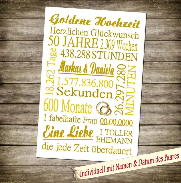 URKUNDE - GOLDENE HOCHZEIT - 50. Jahre - INDIVIDUELL Namen & Datum A4 Geschenk EUR 4,99 ...