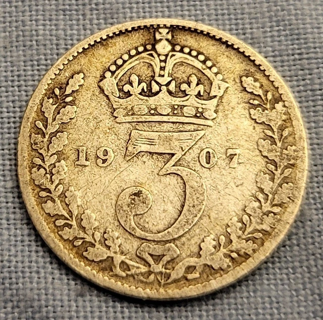 SOLID SILVER THREE pence 1907 Coin Old Vintage Antique 3d Edward VII ...