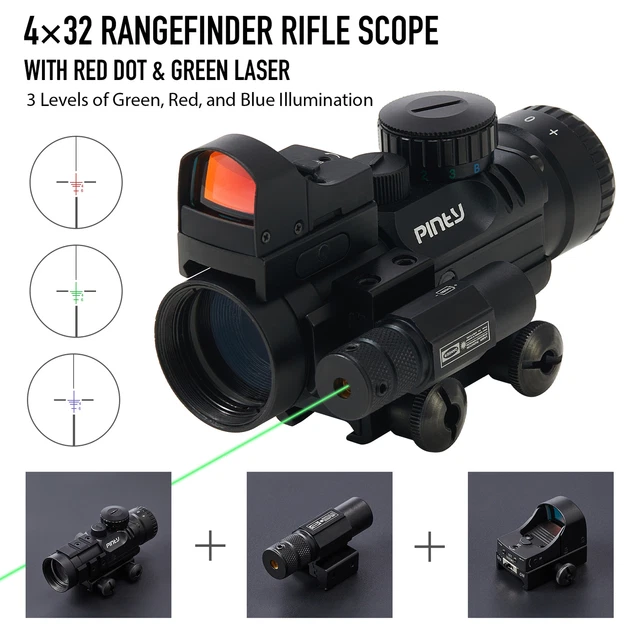 PINTY TACTICAL 4X32 Rifle Scope RGB Tri-Illuminated Reticle Green Laser ...