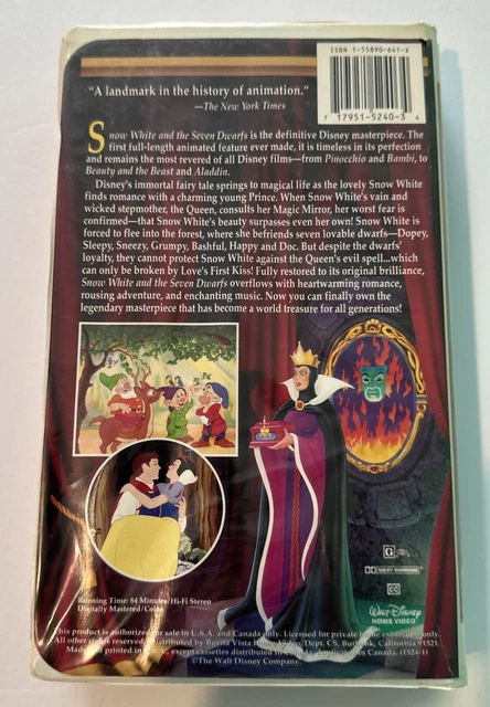 SNOW WHITE AND the Seven Dwarfs (VHS, 1994) Walt Disney Masterpiece ...