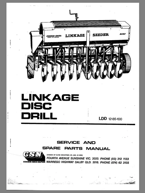 CONNOR SHEA LINKAGE disc drill manual and parts list $18.00 - PicClick AU