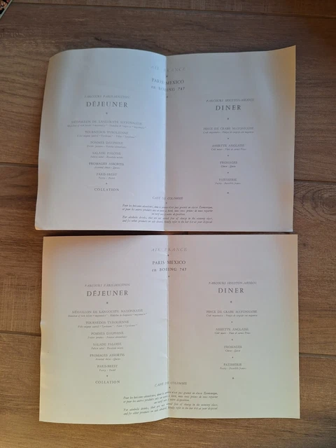AIR FRANCE 2 Anciens Menus 1977 Paris-Mexico Boeing 747 Concorde EUR 7 ...