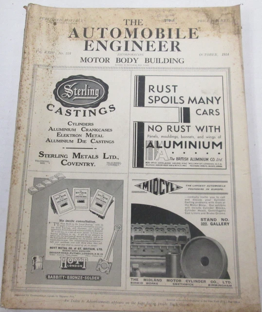 MAGAZINE SURDIMENSIONNÉ THE Automobile Engineer octobre 1934 gd ...