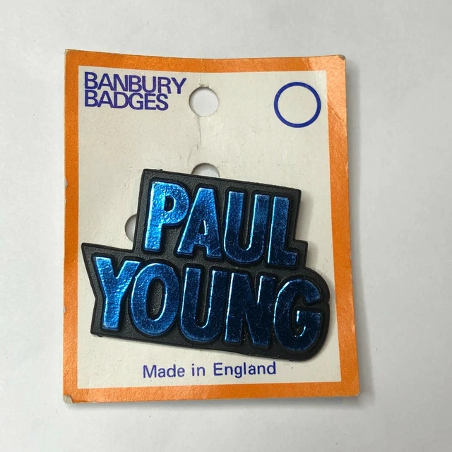 1980'S PAUL YOUNG pin Badge Banbury Badges 3D Plastic on original card ...