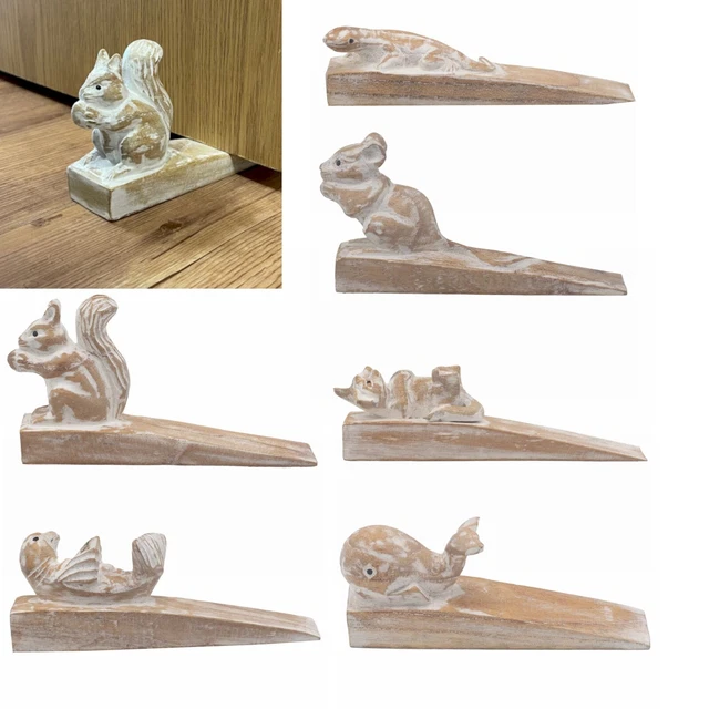 WOODEN HAND CARVED Animal Door Stop, Doorstop, Wedge, Dormouse, Kitten ...