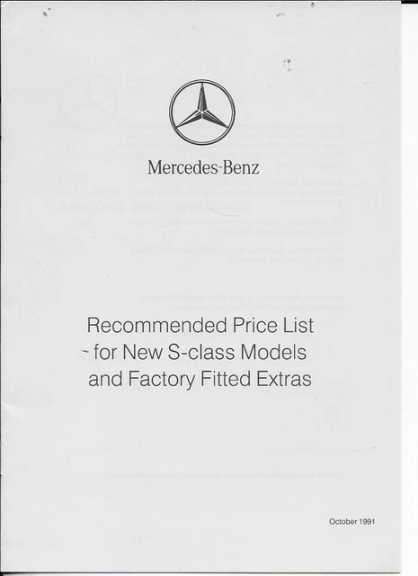MERCEDES BENZ 'NEW' S Class Price List - October 1990 - MINT condition ...