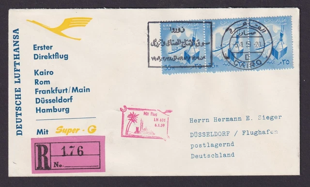 POSTA AEREA LETTERA Lufthansa Super G primo volo Il Cairo Amburgo ...