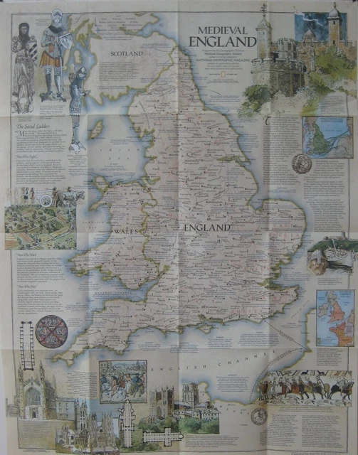 MAP MEDIEVAL ENGLAND Wales Castles Cathedrals Battle Sites Monasteries ...
