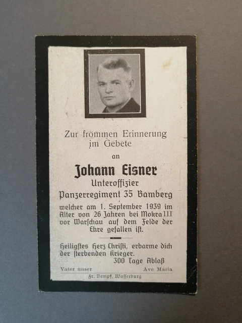 WW2 GERMAN DEATHCARD Panzer Regt 35 "Bamberg" 1st Day of War Warsaw ...