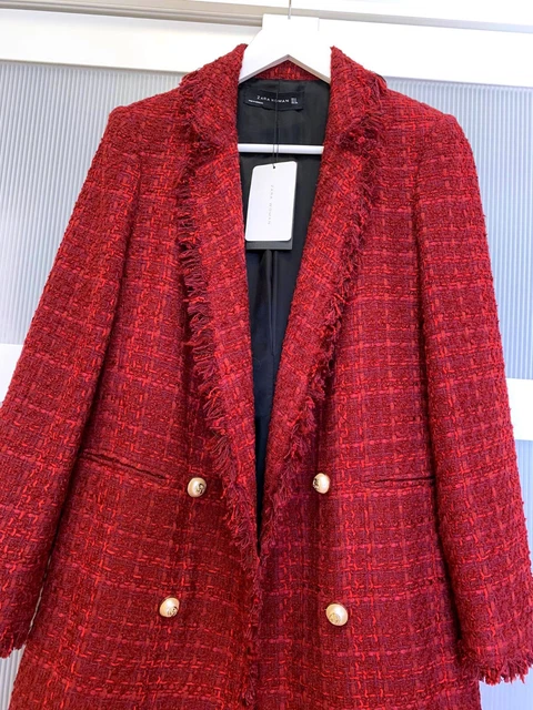 RARE ZARA WOMAN Coat Red Burgundy Frayed Buttons Blazer Jacket Medium ...
