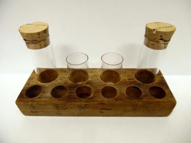 VINTAGE OLD SCHOOL Laboratory Vial Test Tube Rack Stand Holder + Glass ...
