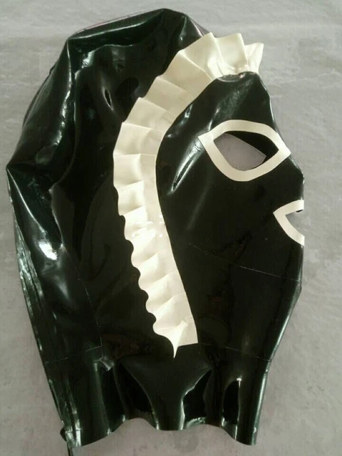 100%LATEX RUBBER SCHWARZ&WEISS Headgear Kostüm anti-clip hair Hood Lace ...