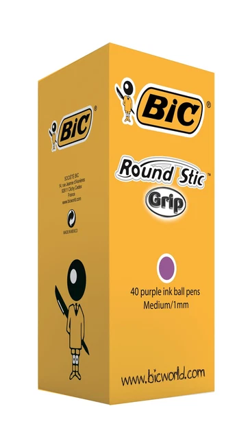 BIC ROUND STIC Grip Ballpoint Pen 1Mm Tip 0.32Mm Line Purple Pack 40 £ ...