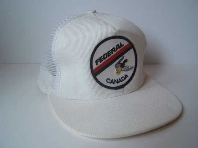 VINTAGE FEDERAL CANADA Duck Patch Hat White Corduroy Snapback Trucker ...